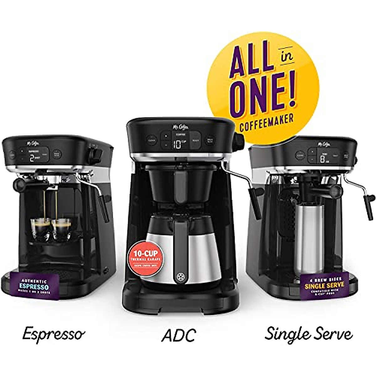 Mr. Coffee All-in-One Occasions Specialty Pods Coffee Maker, 10-Cup Thermal Carafe, and Espresso with Milk Frother and Storage Tray, Black