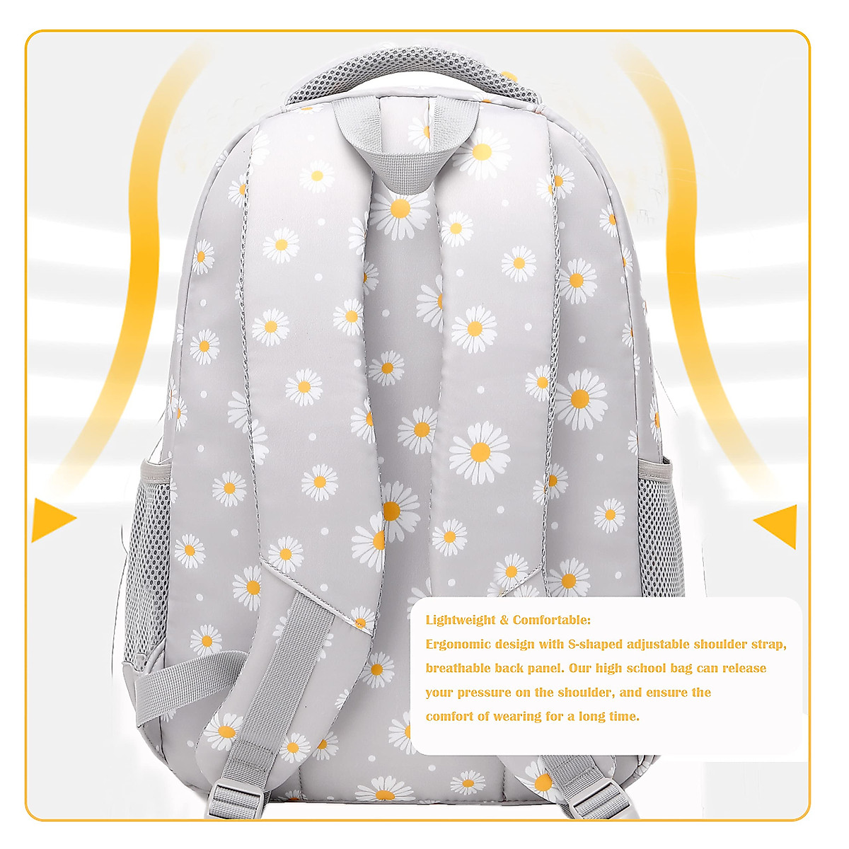 Backpack for Girls Kids Bookbag Primary School Daypack Teens Girls Bags with Lunch Box set (Daisy Grey)