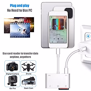 DenicMic SD CF Card Reader for iPhone iPad, SD CF Card Reader Compact Flash Reader Camera Memory Card Reader with Charging Port Camera Accessories Compatible to SD, SDHC, SDXC, TF Cards