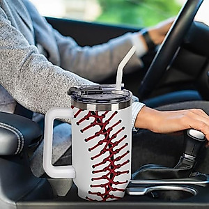 40 Oz Baseball Insulated Stainless Steel Tumbler with Handle & Straw Lid, Reusable Travel Cupholder Friendly Mug for Coffee, Water, Tea