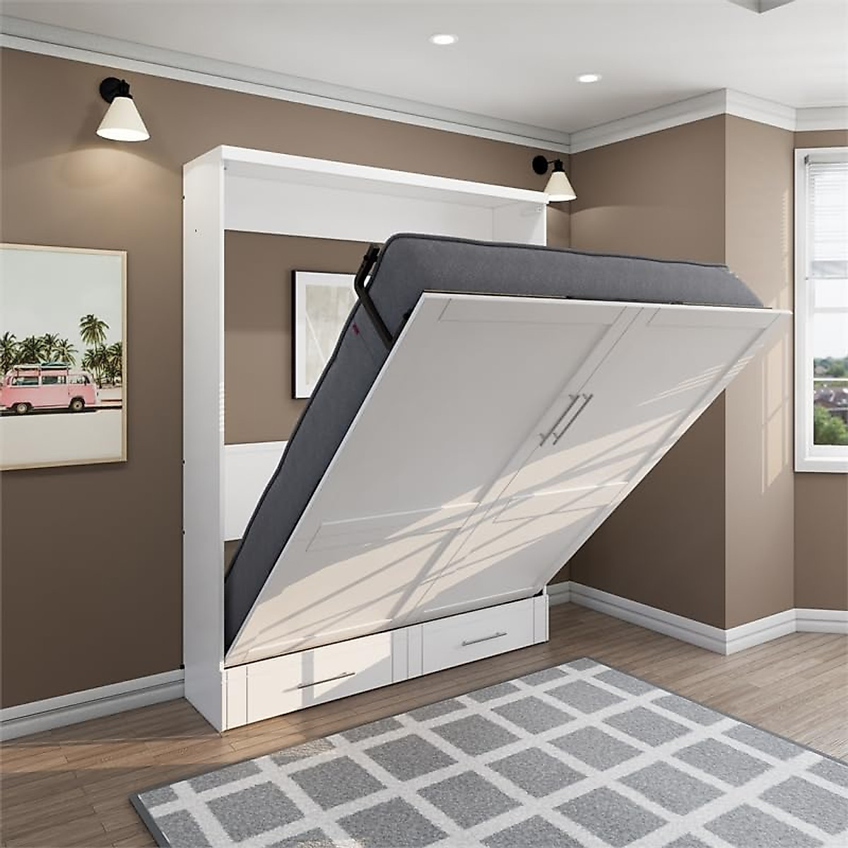 RoomAndLoft Queen Size White Murphy Wall Bed in Solid Wood, No Box Spring Needed, Easy Assembly