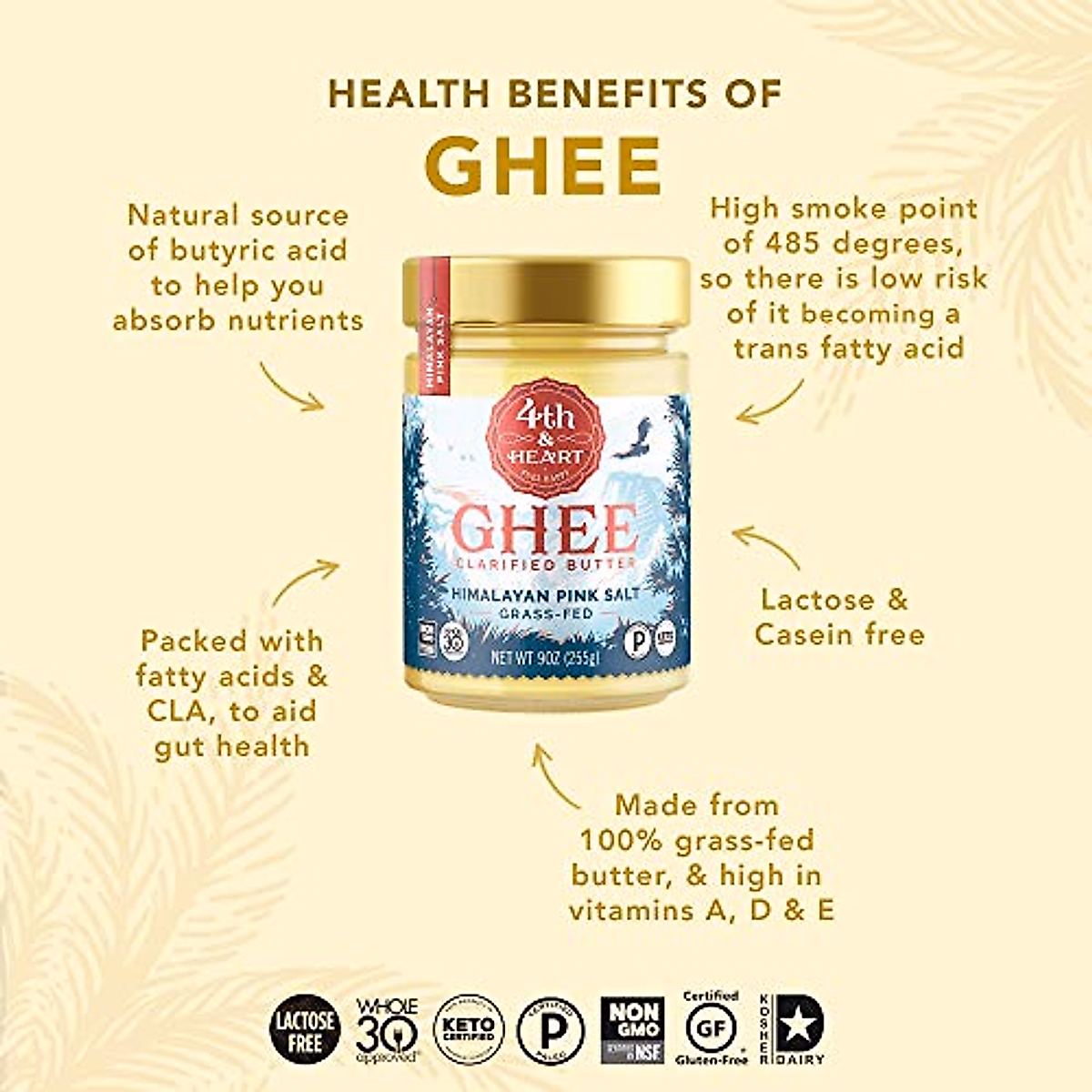 4th & Heart Himalayan Pink Salt Grass-Fed Ghee, 9 Ounce, Keto Pasture Raised, Lactose and Casein Free, Certified Paleo