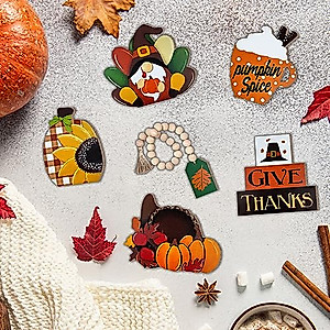Uruney Thanksgiving Tiered Tray Decor, Farmhouse Turkey Fall Tray Decorations, Gnome Pumpkin Spice Sunflower Wooden Signs Wood Bead Garland, Rustic Autumn Fall Decorations for Home Table Shelf