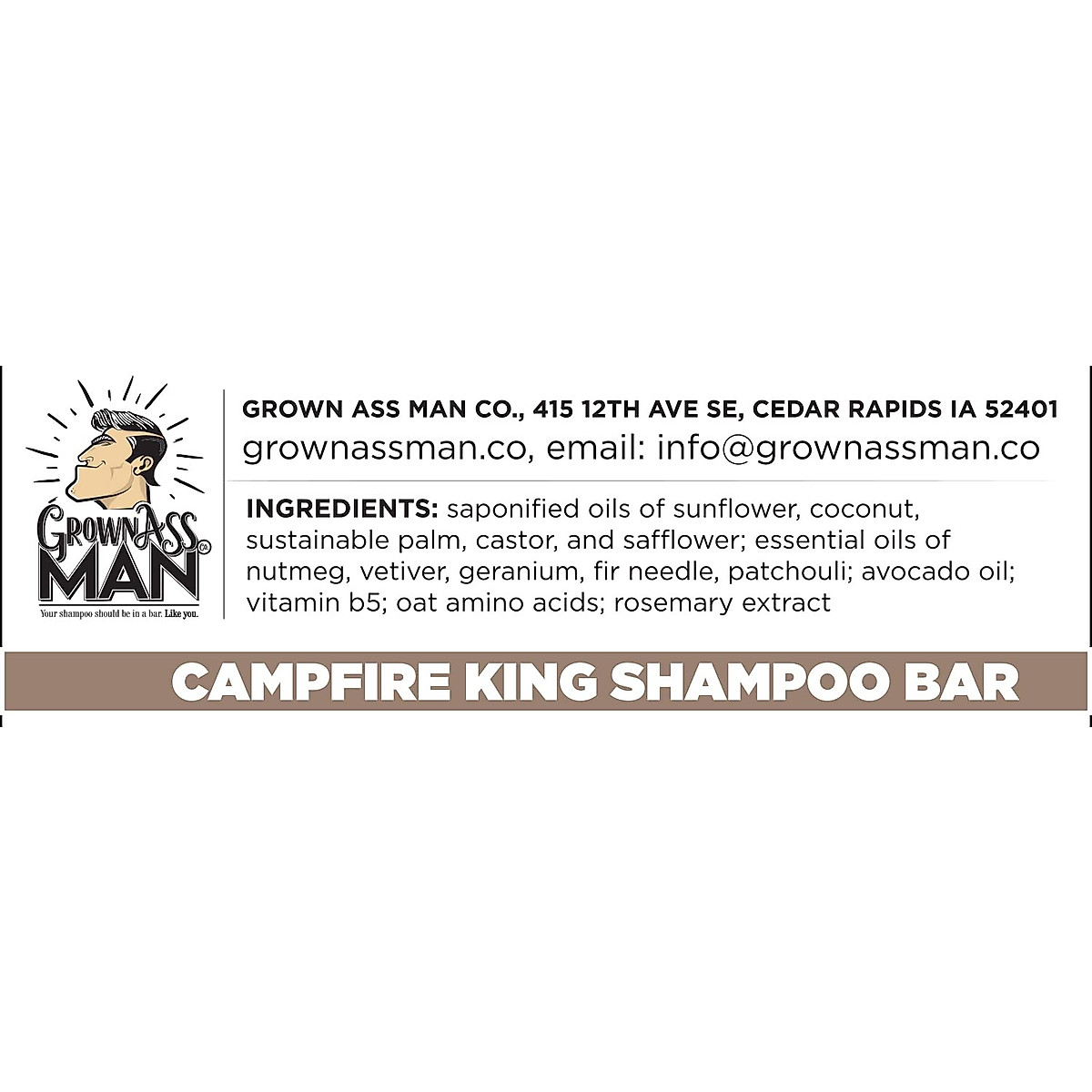 Grown Ass Man Co. - Solid Shampoo Bar Rich Lather 3 in 1: Hair, Beard & Body Wash - Plastic Free & Eco-Friendly, Natural & Organic Clean for All Hair Types, 4oz Bar (Campfire King, Single)