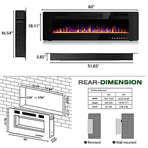 TAVATA 60" Recessed and Wall Mounted Electric Fireplace, Wall Fireplace Electric with Remote Control & Timer, Touch Screen, Adjustable Flame Color and Speed, 750w/1500w
