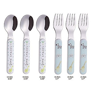 ANNOVA Kids Silverware 6 Pieces Stainless Steel Children's Flatware Set 3 x Forks, 3 x Dinner Spoons Plastic Handle, Toddler Utensils Without Knives, for Babies, Infants BPA Free - Cute Animals