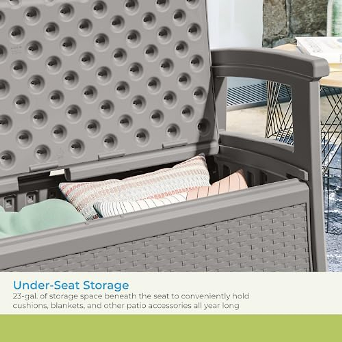 Suncast Elements Outdoor Resin Loveseat with 23-Gal. Storage Area, Modern Storage Sofa for Patios, 47" W x 29.75" D x 35.5" H, Gray