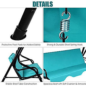 Moccha 3 Person Outdoor Patio Swing Canopy Hammock with Steel Frame, Adjustable Tilt Awning, Weather Resistant Polyester Fabric, Padded Cushion, for Garden, Deck, Poolside, Turquoise