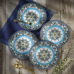 Euro Ceramica Zanzibar Collection Vibrant 10.9" Ceramic Dinner Plates, Set of 4, Spanish Floral Design, Multicolor