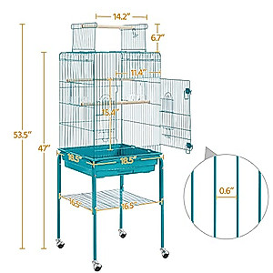 Topeakmart Metal Bird Cage Open Play Top Parrot Cage w/Detachable Rolling Stand for Small Birds, 53.5inch, Teal Blue