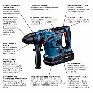 BOSCH GBH18V-34CQB24 PROFACTOR™ 18V Connected-Ready SDS-plus® Bulldog™ 1-1/4 In. Rotary Hammer with (2) CORE18V® 8 Ah High Power Batteries