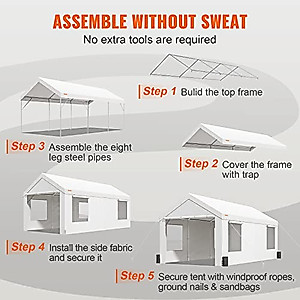 VEVOR Carport, Extra Large 12 x 20 ft Heavy Duty Car Canopy with Roll-up Ventilated Windows, Portable Garage with Removable Sidewalls, Waterproof UV Resistant All-Season Tarp for SUV, Truck, Boat