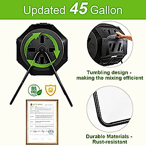 Gobetter 45 Gallon Composting Tumblers, Rotating Composter Bin Outdoor with Certification BPA Free and UV Resistant,Capable,Faster,and Environmentally Friendly
