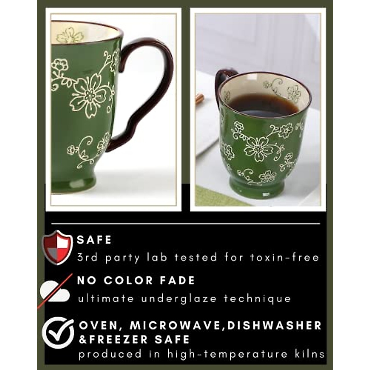 KUNABOO Artisanal Ceramic Mugs, Ceramic Coffee Cups, Coffee Mug Set of 2-11 oz -Sakura Floral Series Pine Green - Ready to Wrap Gift