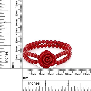 Gem Stone King 7 Inch Red Simulated Coral Bead Rose Flower Stretch Bracelet for Women 5mm