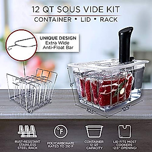 Väeske Sous Vide Container with Lid | Fits Most Sous Vide Cookers | Sous Vide Accessories (12 Quarts, Rack)