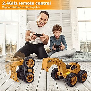 Dawdix Remote Control Excavator Toy Truck, Rotate 360 degrees Excavator Construction Vehicles with LED Light, 2 Rechargeable Batteries, Ideal Gift for Kids