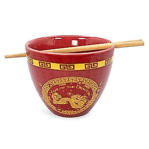 Boom Trendz Year Of The Dragon Chinese Zodiac Ceramic Set | Includes 16-Ounce Ramen Noodle Bowl and Wooden Chopsticks Asian Food Dish For Home & Kitchen Kawaii Lunar New Gifts, Red, One Size