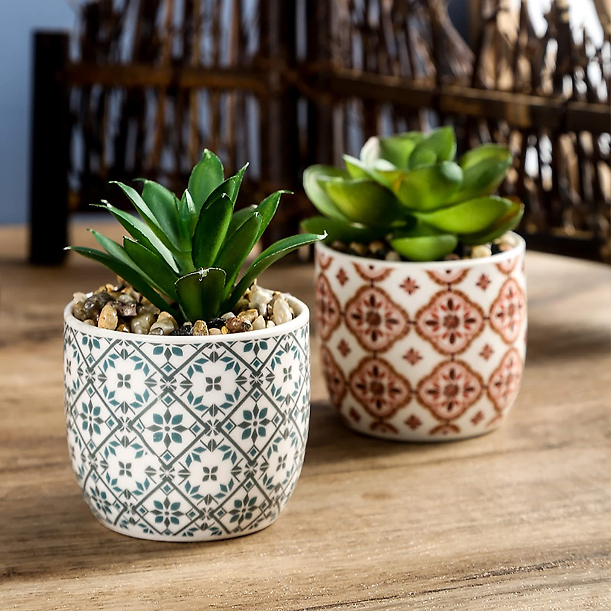 Karlliu Artificial Plants Succulent Flowers in Ceramic Planter 2 Pack Small Fake Plants Potted for Home Office Desk Decor Farmhouse Living Room Bedroom Shelves Decoration