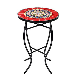VCUTEKA Mosaic Outdoor Side Table - Small Patio Table Coffee Table Outside Accent Table Round End Plant Table for Bistro Balcony Porch Outdoor Benches 14'' Mosaic Table Red