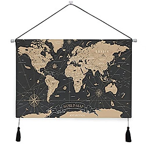 World Map Hanging Poster Retro Map Canvas Poster Hangers Portable Scroll Poster Wall Hanger Tapestry for Office Home Living Room Bedroom Decor 18 x 26inch