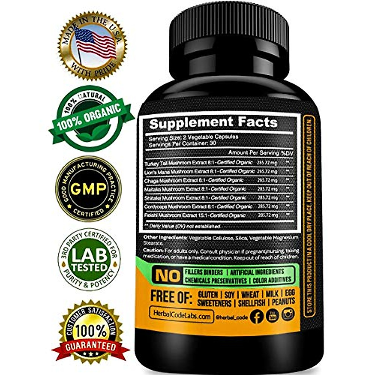 Organic Mushroom Supplement Extracts of Lions Mane Cordyceps Chaga Reishi Turkey Tail Maitake Shiitake Capsules - Natural Vitamins Minerals Antioxidants Supplement - Made in The USA