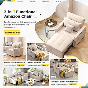 YODOLLA 38" Sleeper Chair, Extra Wide 3-in-1 Convertible Chair Bed for Adults, Pull Out Sofa Bed with Adjustable Backrest, Single Bed Chair for Space Saving, Living Room, Apartment, Beige