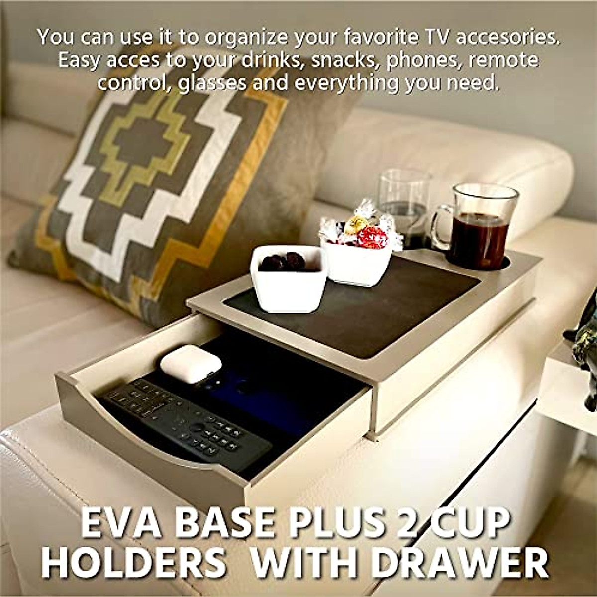 Fendy Arm Rest Table Holder with Drawer, Serving Trays for Coffee Table, Sofa Side Organizer for Gadgets and Remote