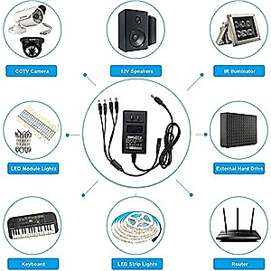 EWETON Security Camera Power Adapter 12V 2.5A 100V-240V AC to DC 2.1x5.5mm w/ 4-Way Power Splitter Cable LED Power Adapter Transformers-Fits Analog/AHD DVR/Camera, RGB LED, Strip Lights