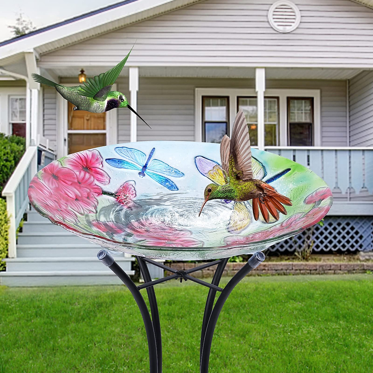 MUMTOP Bird Bath-Bird Baths for Outdoors - Dragonfly Large Bird Bath Bowl with Metal Stand, Glass BirdBaths for The Garden Lawn Yard Decor