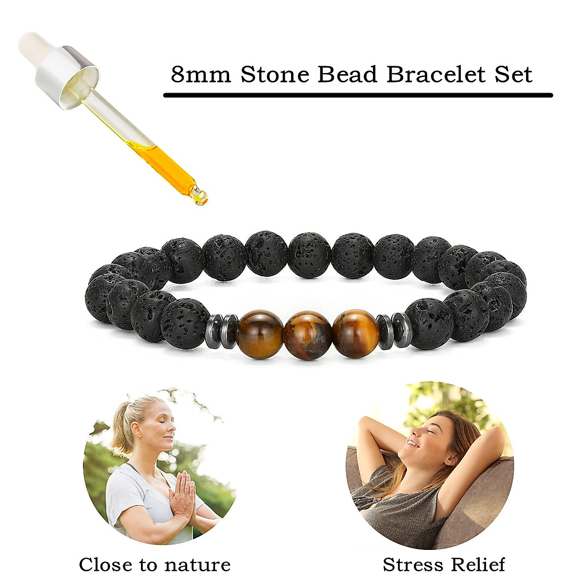 MengPa Mens Beaded Bracelets Matte Lava Rock Volcanic Stone Beads for Women Stretch Bracelet Brown Tiger Eye Fashion Jewelry US4543C