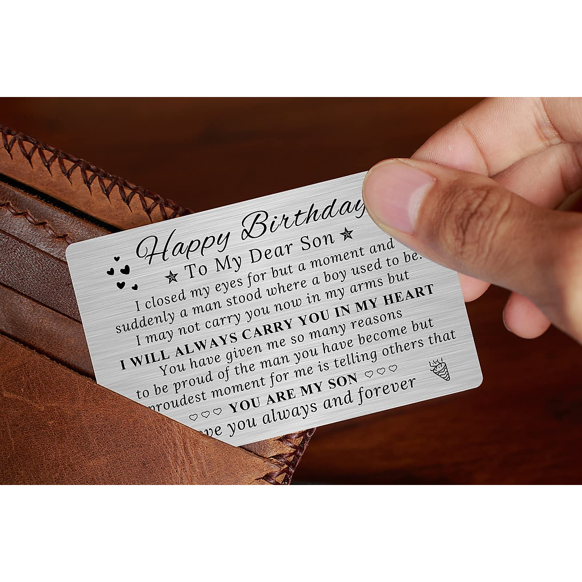 Ptzizi Happy Birthday to My Dear Son Steel Engraved Wallet Insert Card for Son Birthday Graduation Christmas Adult Gifts, A7