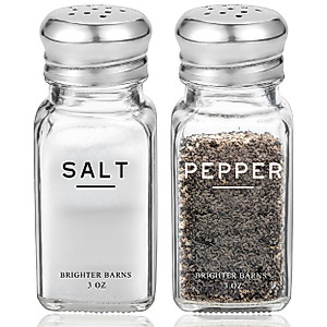 Glass Salt and Pepper Shakers Set by Brighter Barns - Modern Kitchen Decor, Dining Table Countertop Accessory - Rustic, Farmhouse, Vintage Glass Shakers with Stainless Steel Lids for Home, Restaurant