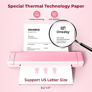 Portable Printers Wireless for Travel - Bluetooth Thermal Mobile Printer Support 8.5" X 11" Letter Size Thermal Paper, On the Go Inkless Portable Bluetooth Printer for Laptop, Phone and Ipad - Pink