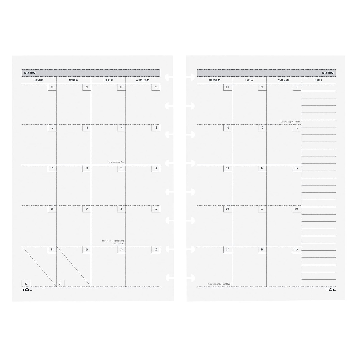 2023-2024 TUL® Discbound Academic Weekly/Monthly Refill Planner Pages, Junior Size, July 2023 to June 2024