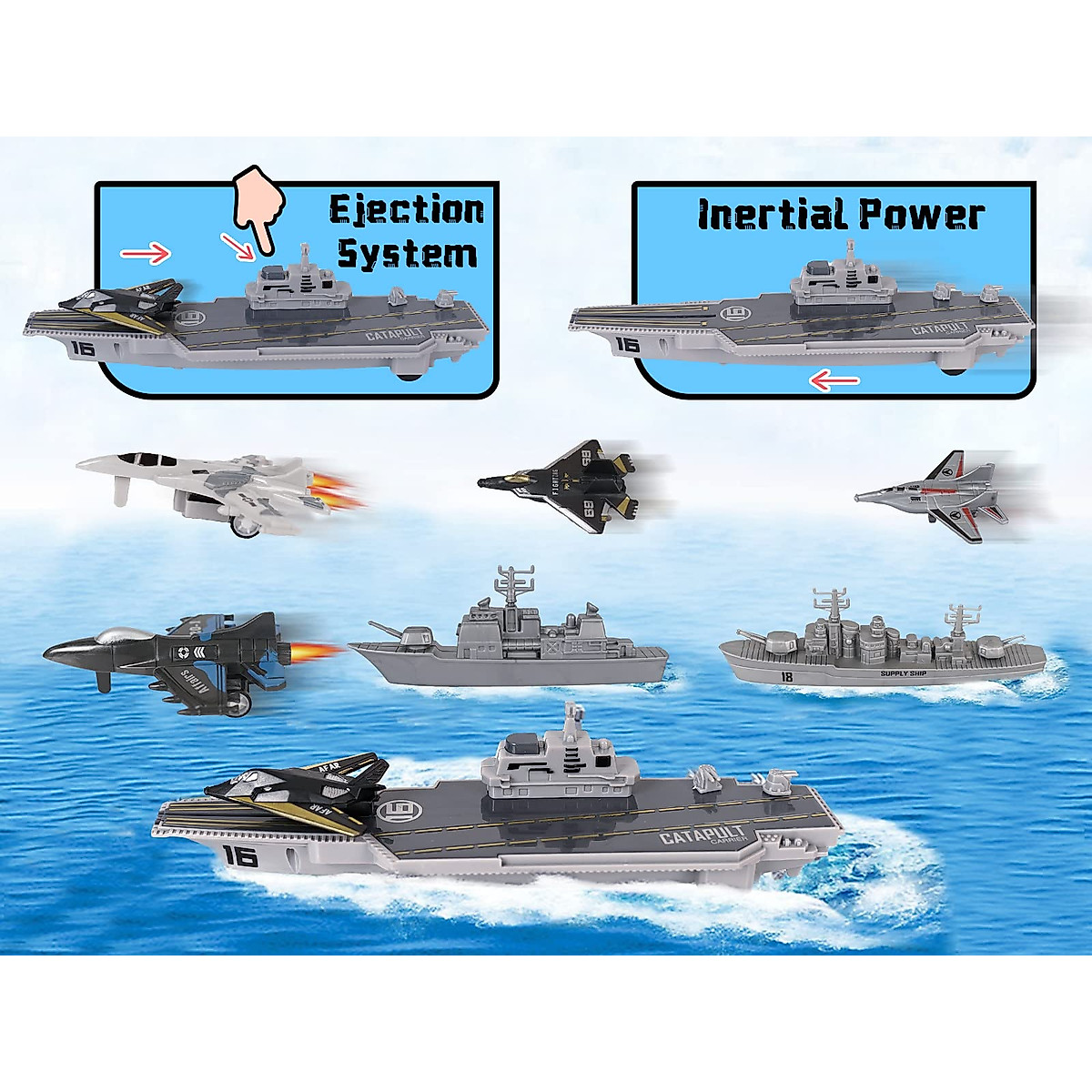 Crelloci Aircraft Carrier Military Naval Ship with Pull Back Army Fighter Jet Toy Small Scale Model Plane Submarine Kids' Play Vehicle Set for Boy Girl Children
