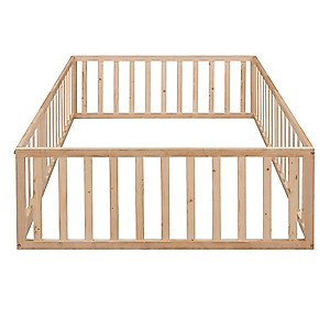 LostCat Full Size Wood Floor Bed Frame with Fence, Montessori Floor Bed w/Door, Kids Noise Free Beds, No Box Spring Needed, Easy Assembly, for Children, Natural