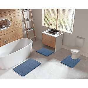 Yimobra Memory Foam Bath Mat Set, 2 Piece Soft Bathroom Rugs,17x24 and 24x20.4 U-Shaped Bathroom Rugs, Toilet Mat, Water Absorption, Non Slip, Thick, Dry Fast for Bathroom Floor Mat, Denim Blue