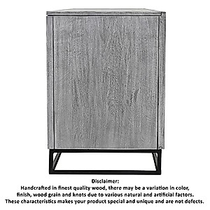 The Urban Port 63-Inch Handcrafted TV Media Entertainment Console, 2 Medallion Engraved Doors, Sandblasted Gray Mango Wood, Black Iron Stand