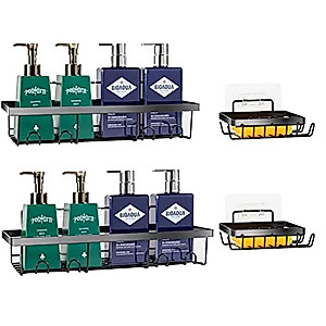 RISETEX Adhesive Shower Caddy,Bathroom Shower Organizer and Soap Dishes with Hooks,No Drilling Traceless Rustproof Bathroom Storage Wall Shower Organizer for Bathroom Toilet Kitchen RVs (Black 4)