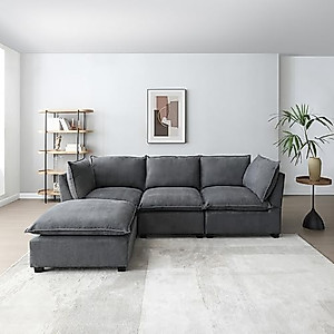 L-Shaped Modular Sectional Sofa Down Feather Cushions Deep Seat Reversible Chaises Cloud Couch Living Room Convertible Sleeper Upholstered Sofabed with Movable Ottomans