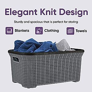Plastic Laundry Basket Designed Small Storage Hamper Basket, 2 Pack Grey Cloths Basket Organizer with Cut-out Handles. Space Saving for Laundry Room Bedroom Bathroom, Knit Design 40 Liter.