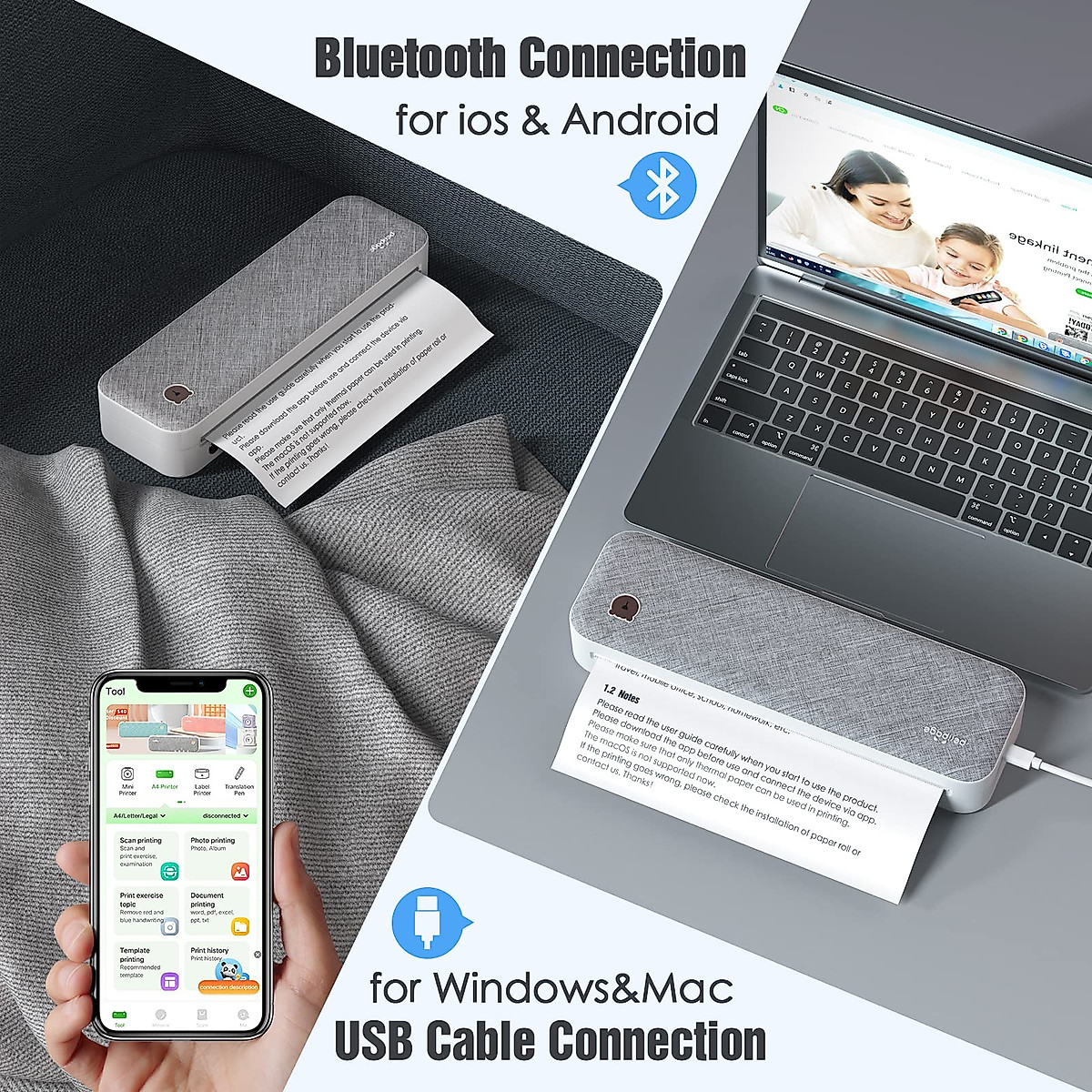 BISOFICE PeriPage Portable Printer, A4 Wireless Bluetooth Travel Printer, Portable Thermal Printer Compatible with Android and iOS, Support 2''/3''/4'' Paper Width, Mobile Printer (Rainbow Glossy)