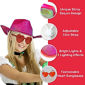 quescu Light Up Cowboy Hat for Women, Men,LED Cowgirl Hat,Sparkly Space Cowboy Hats for Party,Halloween Costume Dress Up (B-Pink)