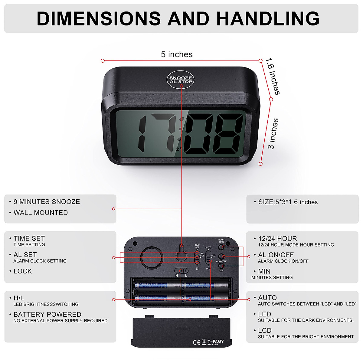 T-FAMY Digital Clock Battery Operated with Unique 1.2'' LED / 1.8'' LCD Auto Display, Small Cordless Alarm Clock for Bedroom Wall Travel (Red Display)
