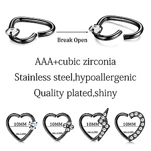 ORAZIO 9 Pairs Heart Daith Earring Cartilage Earrings Hoops Septum Nose Rings for Women Men Stainless Steel Helix Rook Snug Lobe Conch Daith Piercing Silver/Gold/Black/Rose Gold Tone Piercing Earrings