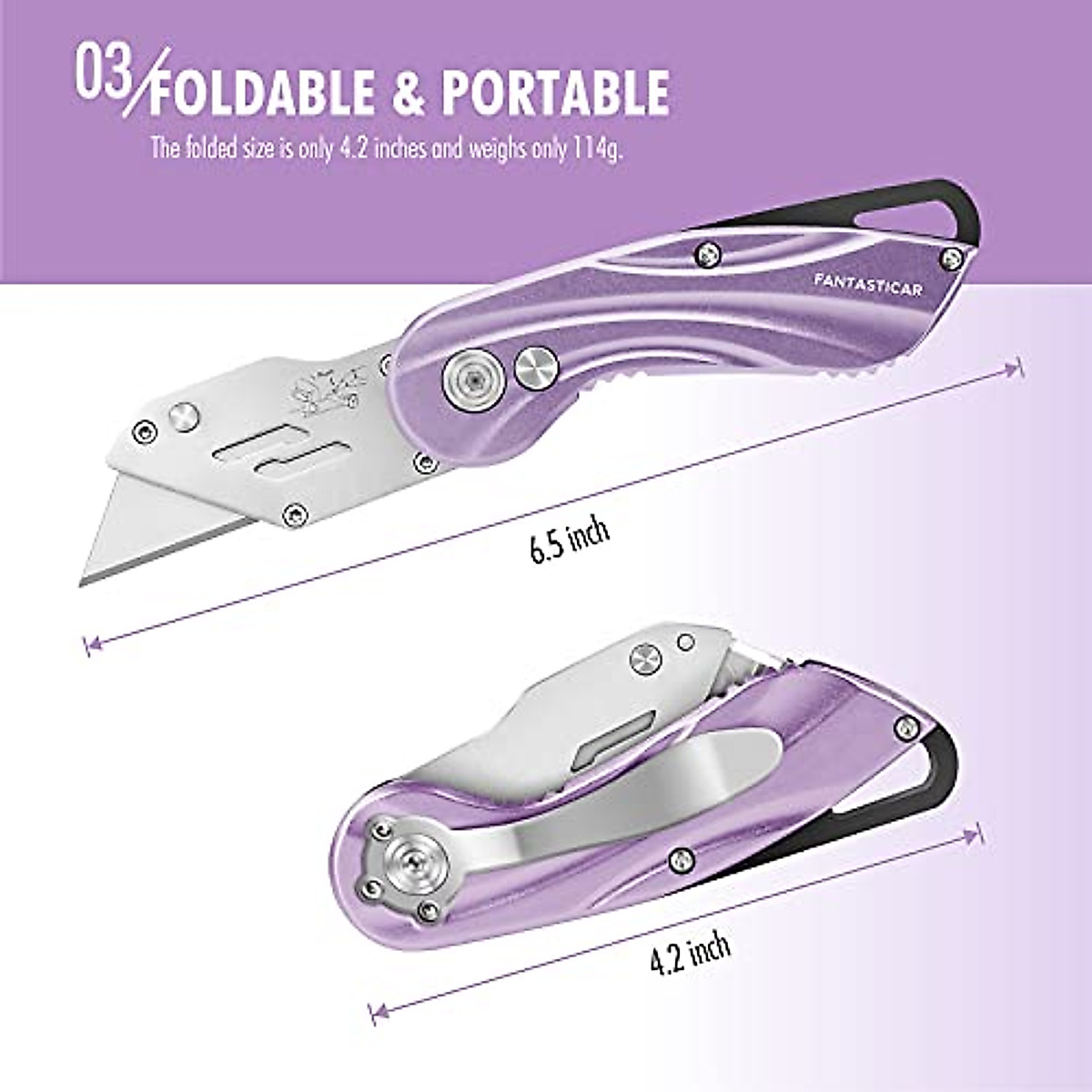 FantastiCAR Folding Box Cutter, Quick Blade Change Utility Knife, with Anti-slip Metal Body, Safety Lock, 5 Extra Blades (Purple Streamline)