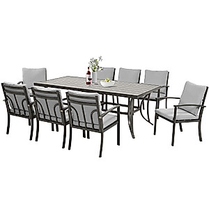 HAPPATIO 9-Piece Patio Outdoor Dining Set - All Aluminum Patio Table and Chairs Set for 8 Includes 1 Rectangular Dining Table and 8 Dining Chairs with Cushions, Patio Dining Set for Lawn, Garden