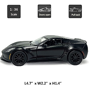 Corvette C7 Grand Sports Diecast Car Model Toy Vehicle Supercar 1/36 Scale Pull Back Vehicles Doors Open Alloy Metal Kids Boys Toys Adults Mens Christmas Stocking Stuffers Gifts, matt Black