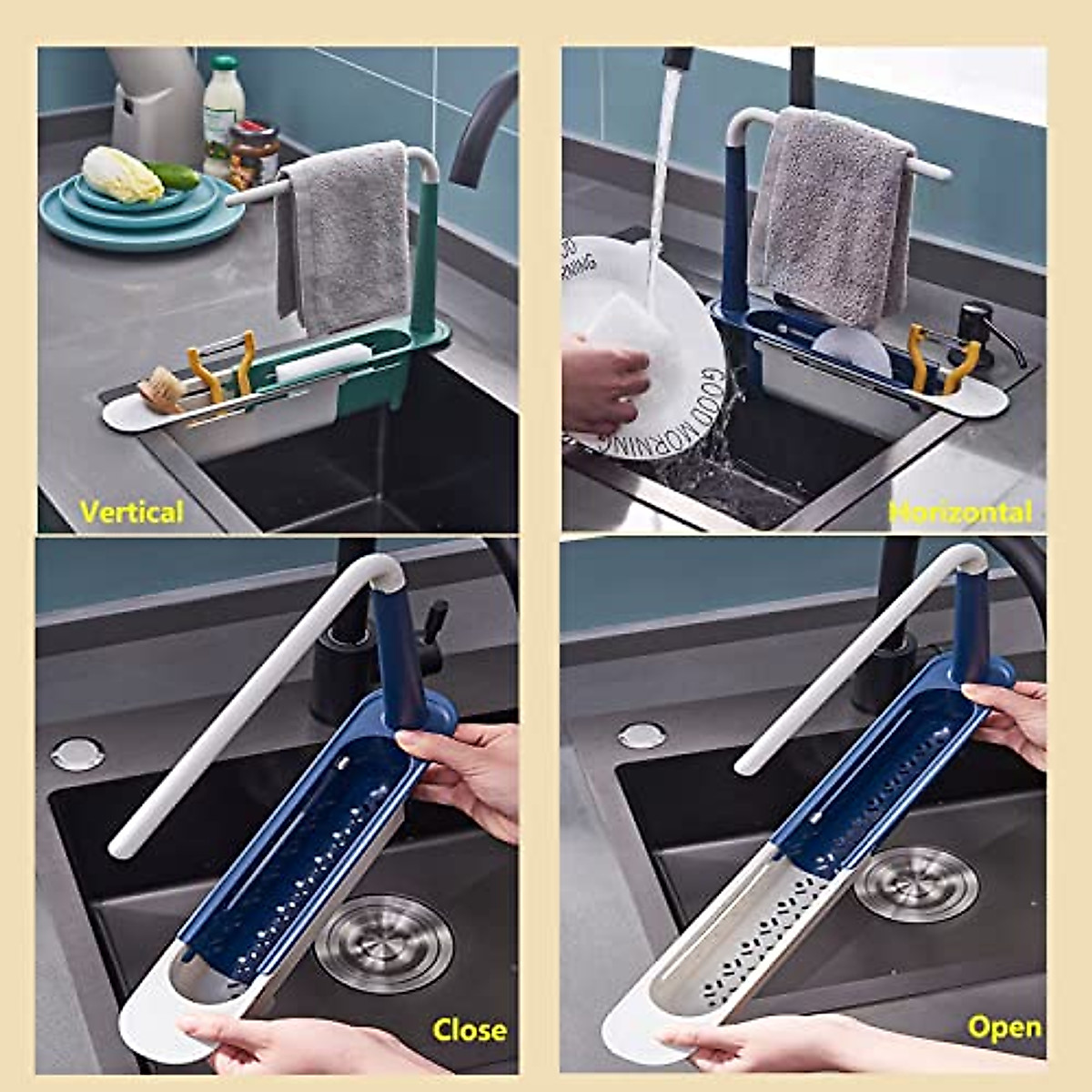 PKHOUHYI Telescopic Sink Storage Rack Holder,Adjustable 2-in-1 Telescopic Sink Drain Storage Racks,Sink Storage Rack Kitchen Organizer Soap Sponge/Brush/Rag Holder Black